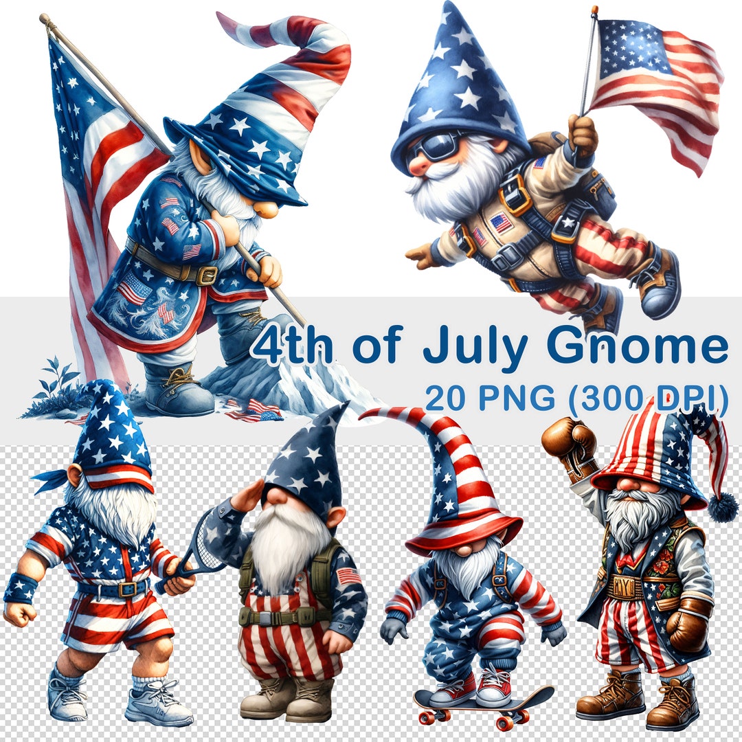 4th of July Gnomes Clipart, 20 PNG Transparent, 300 DPI, Cute ...