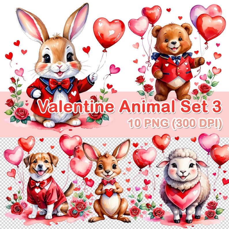Cute Watercolor Valentine Animal Clipart Set 3, 10 PNG Transparent, 300 ...