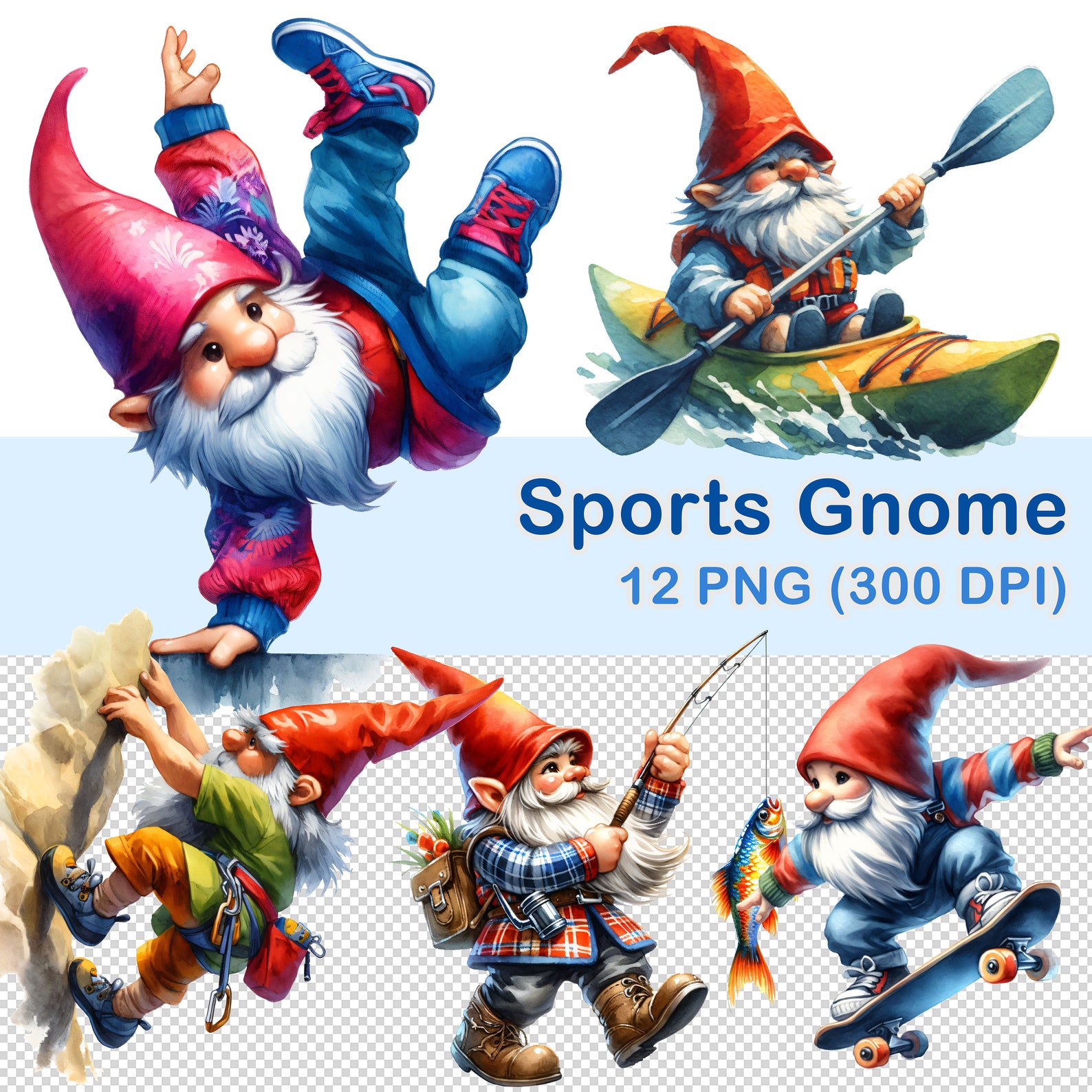 Sports Gnome Clipart, 12 PNG Transparent, 300 DPI, Cute Watercolor ...