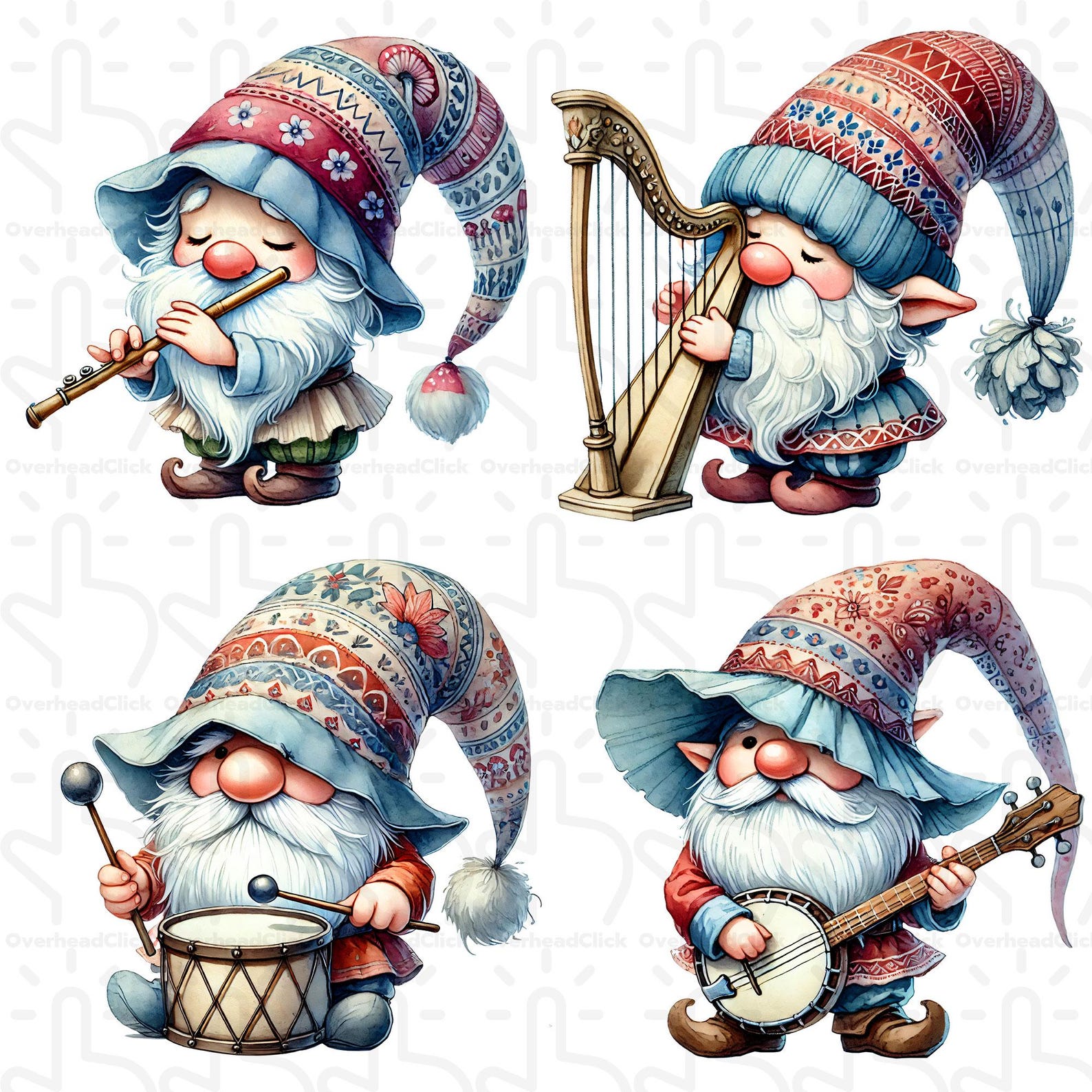 Musician Gnomes Clipart, Watercolor Musician Gnomes Clipart, 12 PNG ...
