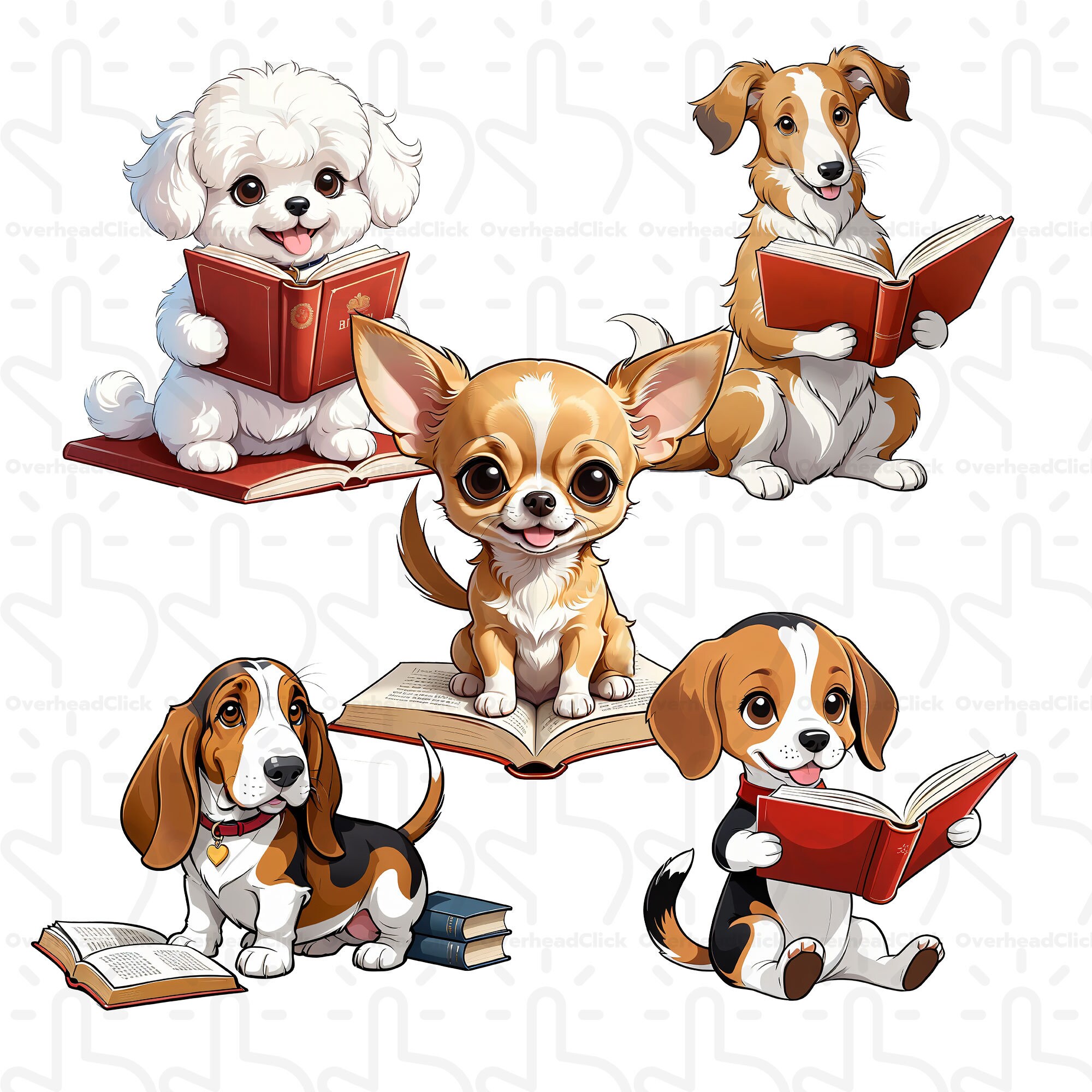 Dog Reading Clipart, 12 PNG Transparent, 300 DPI, Cute Watercolor Dog ...