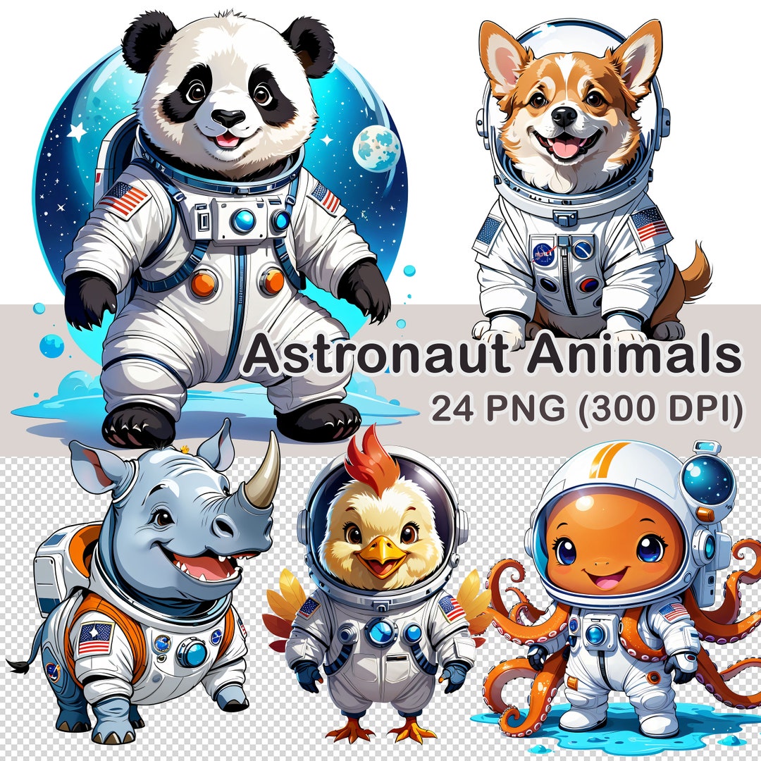 Astronaut Animals Clipart, 24 PNG Transparent, 300 DPI, Cute Watercolor ...