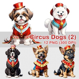 Cute Circus Dogs Clipart, 12 PNG Transparent, 300 DPI, Cute Watercolor ...