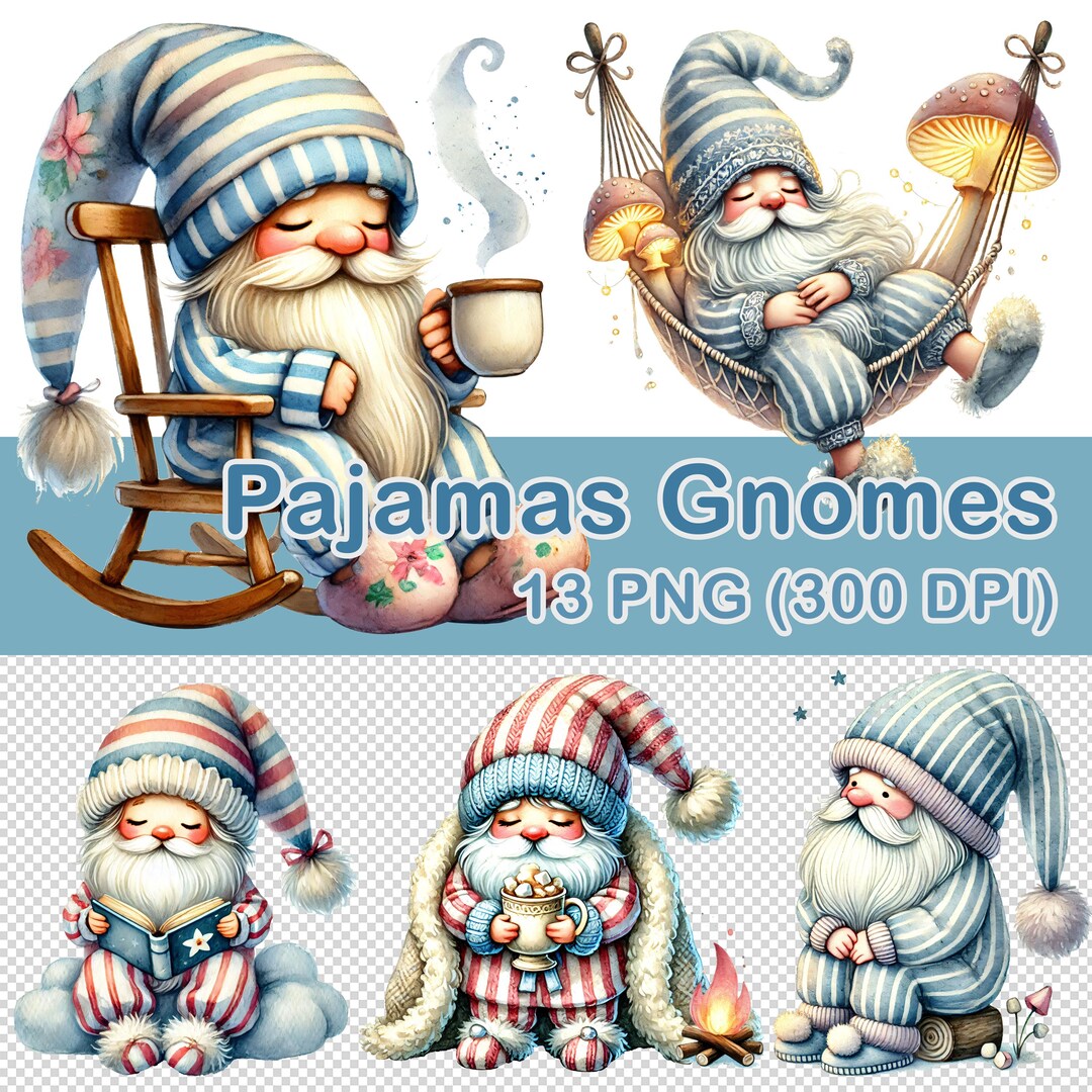 Pajamas Gnomes Clipart, Cute Watercolor Pajamas Gnomes Clipart, 13 PNG ...