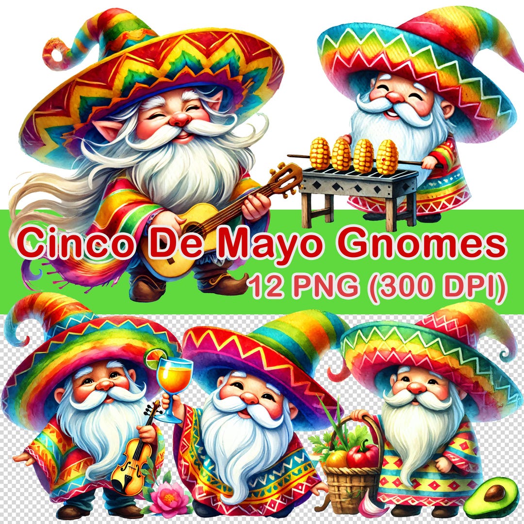 Cinco De Mayo Gnomes Clipart, Cute Watercolor Cinco De Mayo Gnomes ...