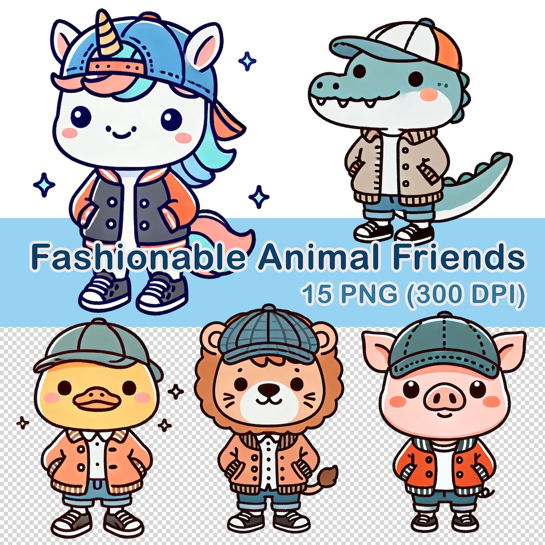 Fashionable Animal Friends Clipart, 15 PNG Transparent, 300 DPI, Cute ...