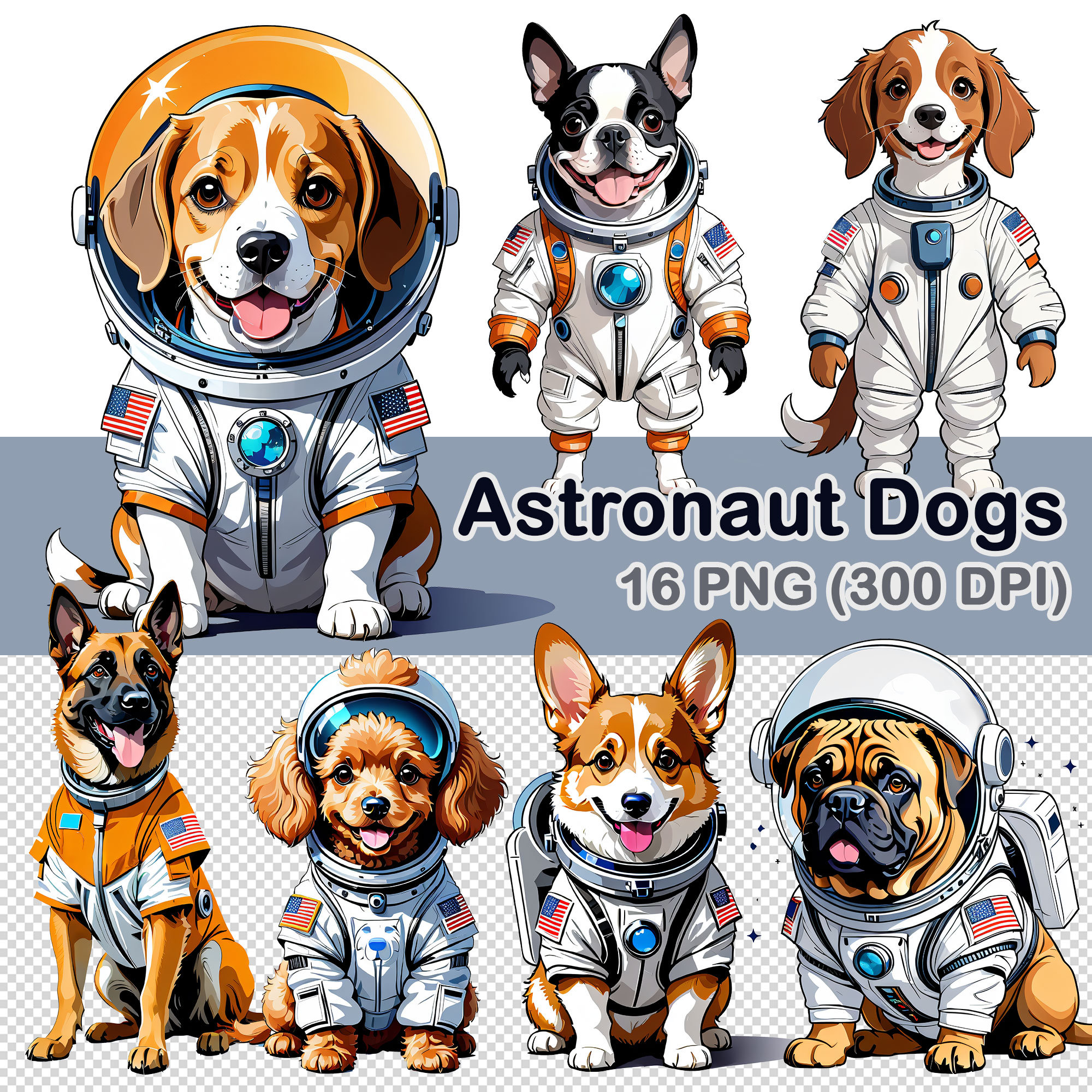 Astronaut Dogs Clipart, 16 PNG Transparent, 300 DPI, Cute Astronaut ...