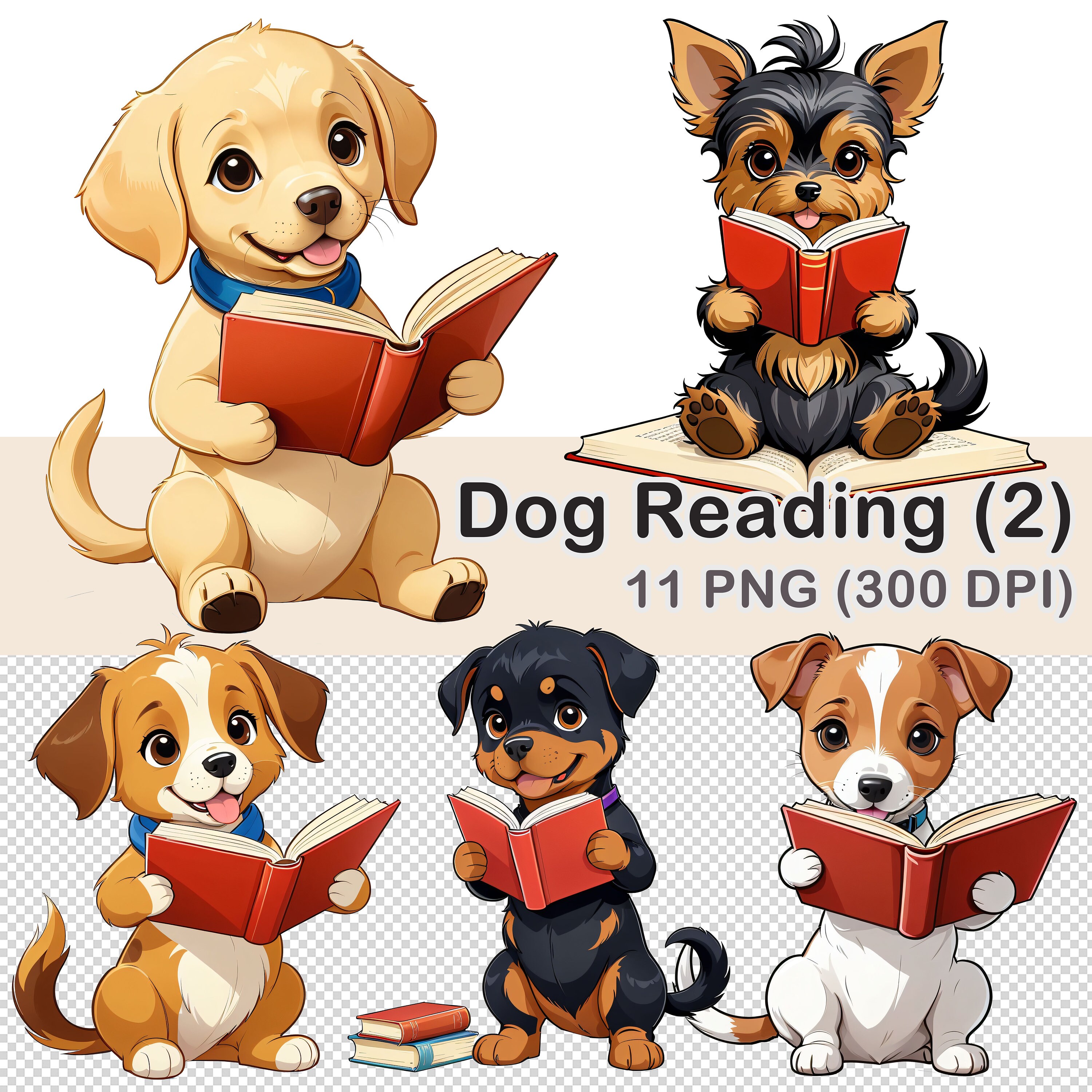 Dog Reading Clipart, 11 PNG Transparent, 300 DPI, Cute Watercolor Dog ...