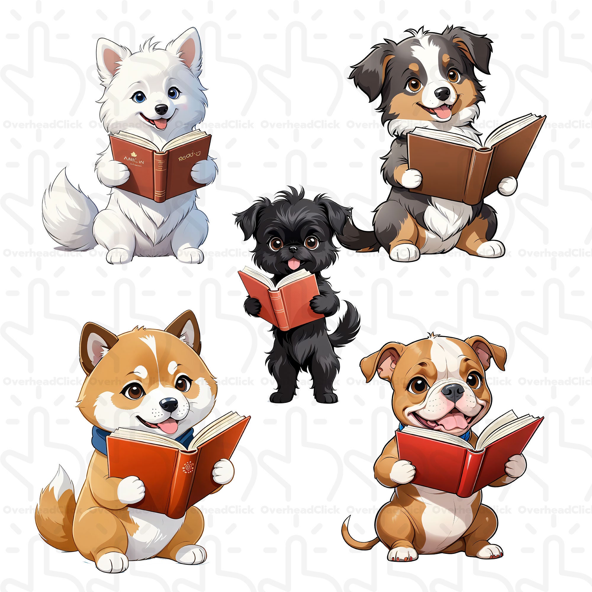 Dog Reading Clipart, 12 PNG Transparent, 300 DPI, Cute Watercolor Dog ...