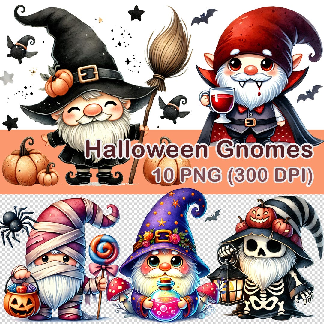 Halloween Gnomes Clipart, 10 PNG Transparent, 300 DPI, Halloween Gnomes ...