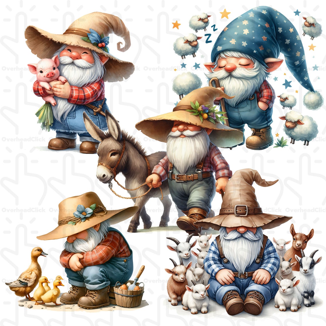 Watercolor Farm Animals Gnome Clipart: 15 PNG Images (digital Download ...