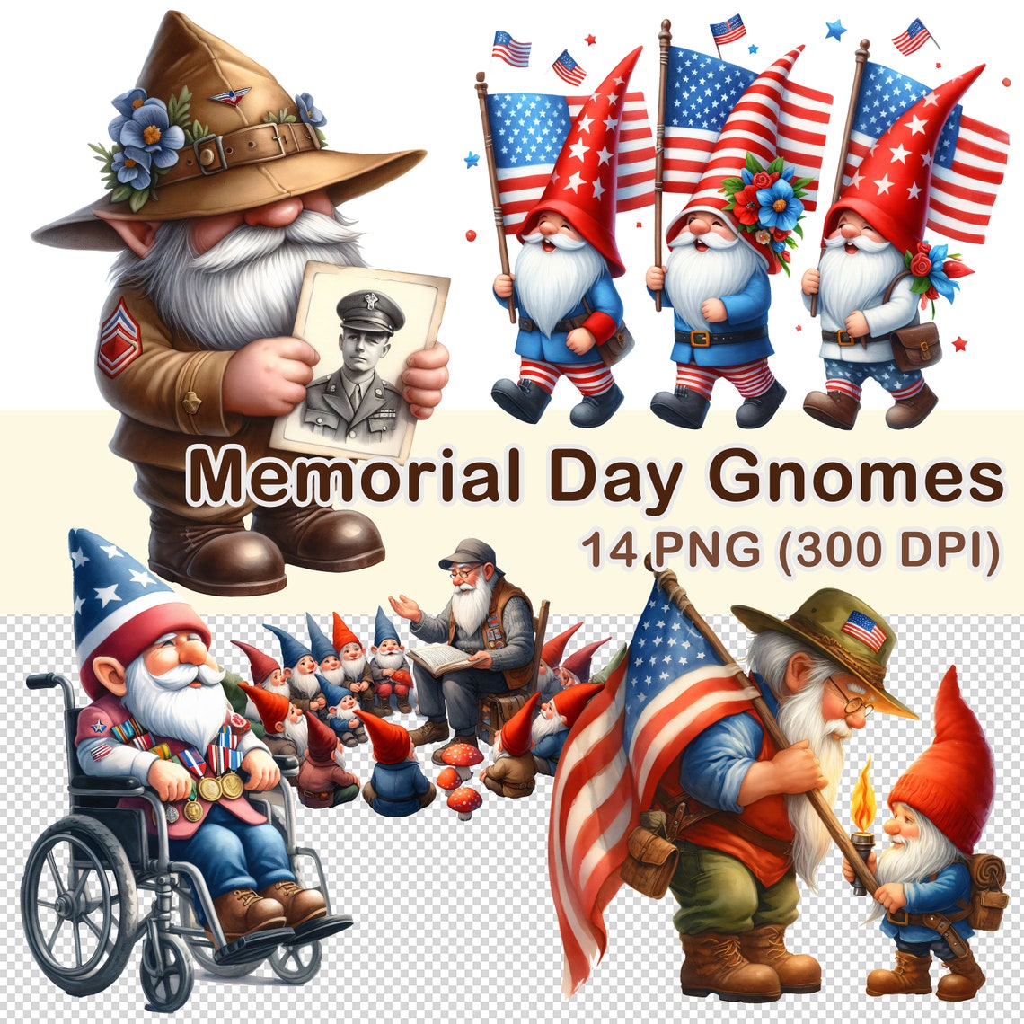 Memorial Day Gnomes Clipart: Watercolor Patriotic PNG (digital Download ...