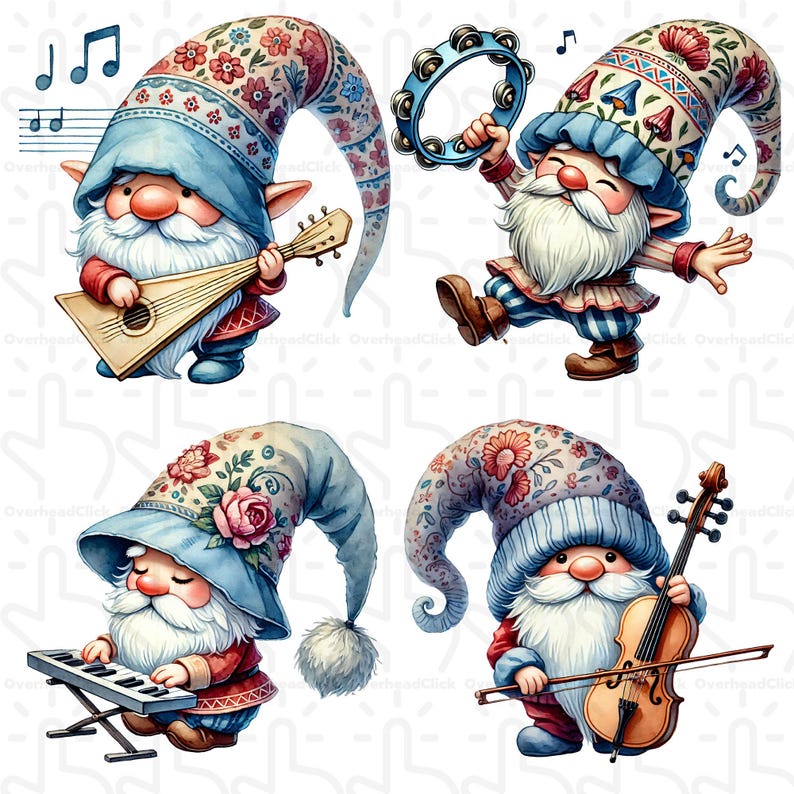 Musician Gnomes Clipart, Watercolor Musician Gnomes Clipart, 12 PNG ...