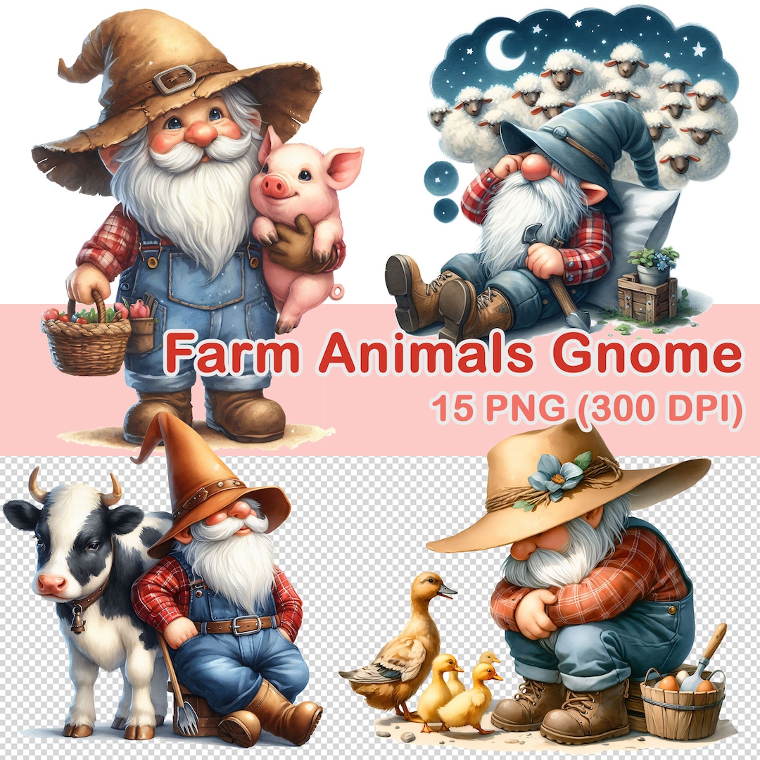 Farm Animals Gnome Clipart, 15 PNG Transparent, 300 DPI, Cute ...