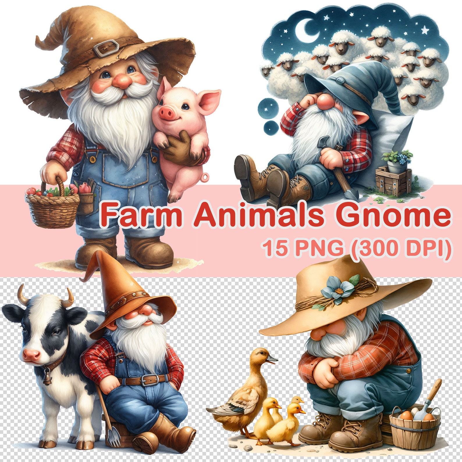 Farm Animals Gnome Clipart, 15 PNG Transparent, 300 DPI, Cute ...
