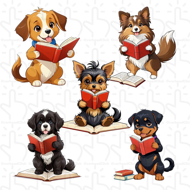 Dog Reading Clipart, 11 PNG Transparent, 300 DPI, Cute Watercolor Dog ...