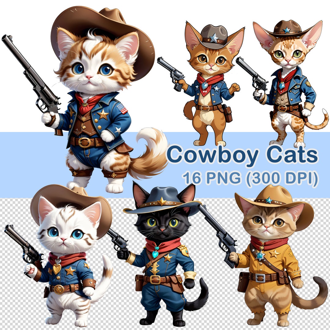 Cowboy Cats Clipart, 16 PNG Transparent, 300 DPI, Cute Watercolor ...