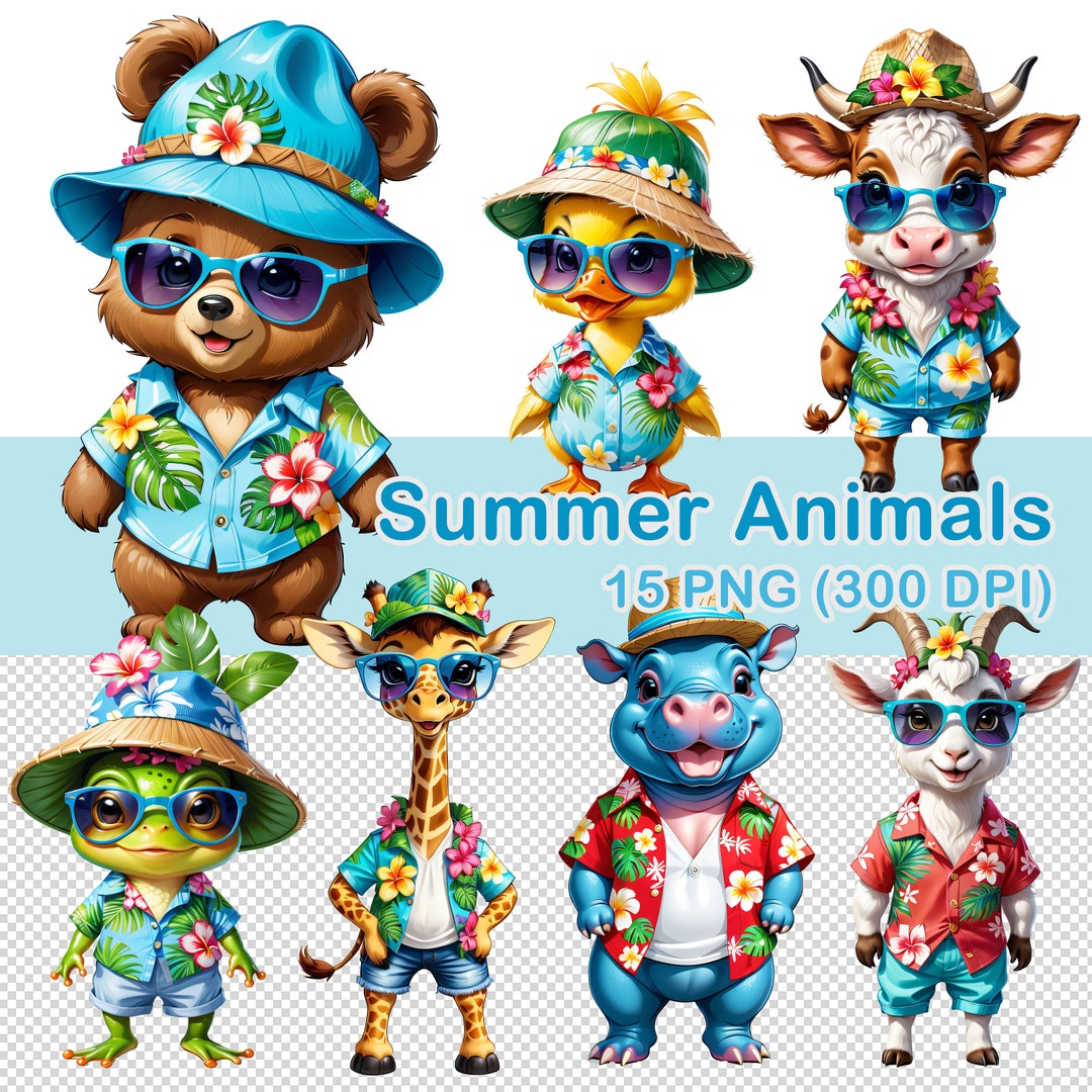 Summer Animals Clipart, 15 PNG Transparent, 300 DPI, Cute Watercolor ...