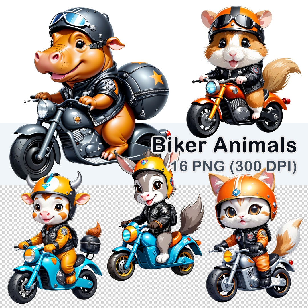Biker Animals Clipart, 16 PNG Transparent, 300 DPI, Cute Watercolor ...