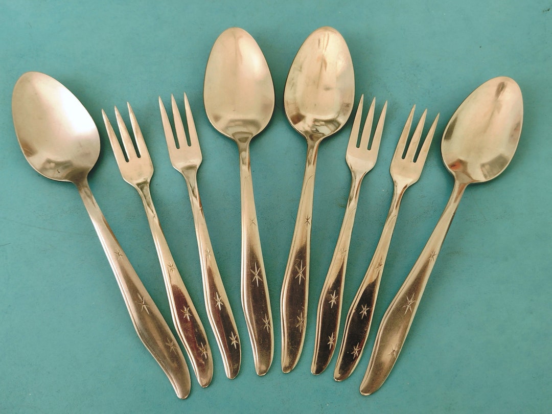 Set of 8 Vintage Mar-crest Citation Oval Soup Spoons + Appetizer Forks - 1950s MCM Celestial ...