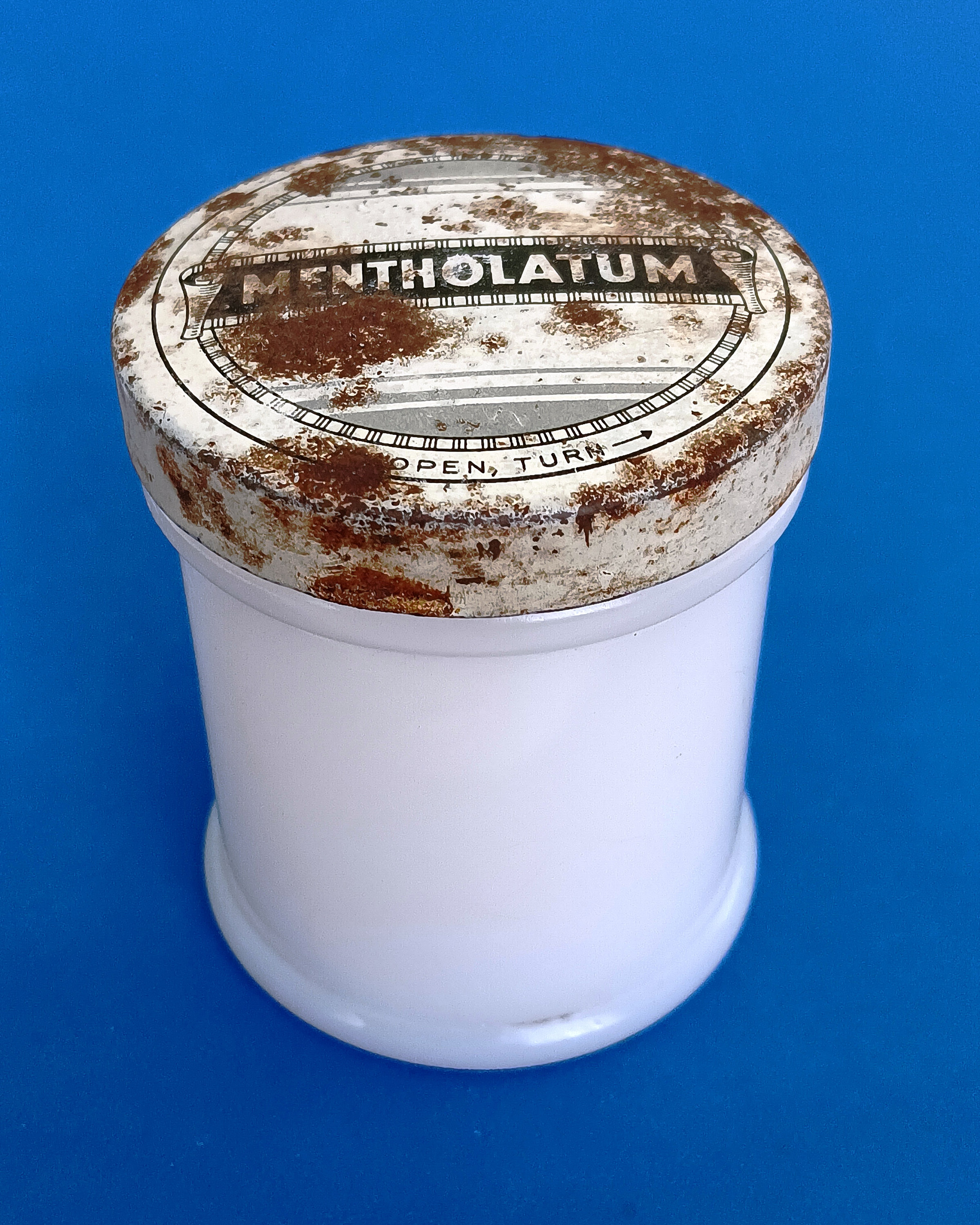 Antique 1910s Mentholatum Milk Glass Jar With Metal Lid, Embossed ...