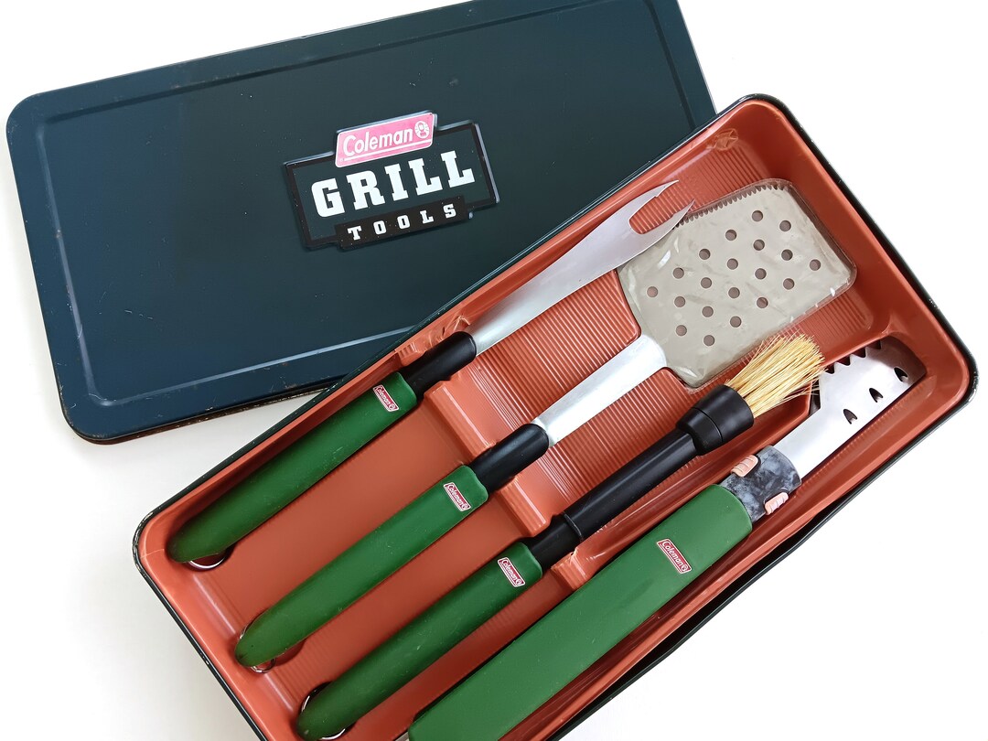 Vintage Coleman Grill Tool Set in Metal Storage Box - Meat Fork ...
