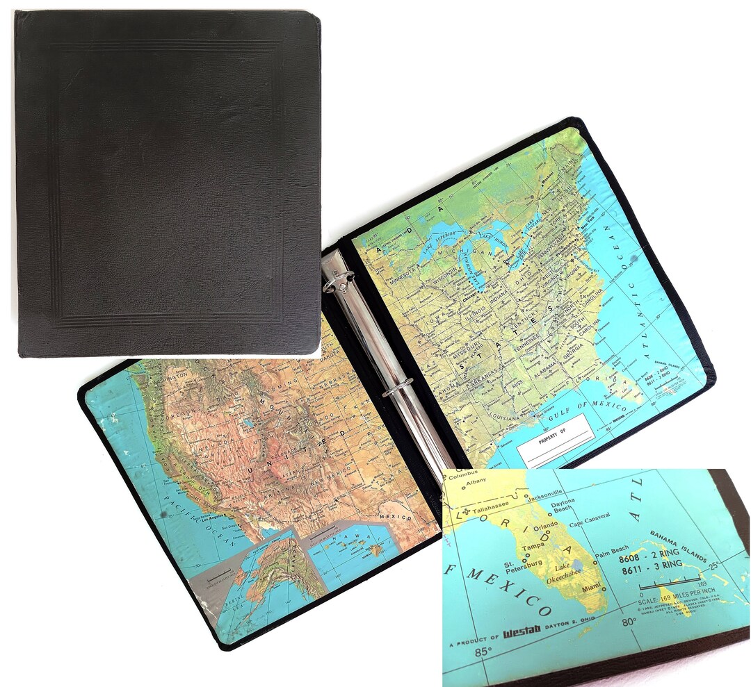 Rare 1958 Westab Black Pebbled 3-ring Binder Lined W/map of USA, 1 Ring ...