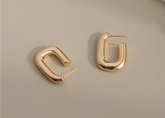 Rectangular gold hoop earrings gold statement hoop earrings | Etsy