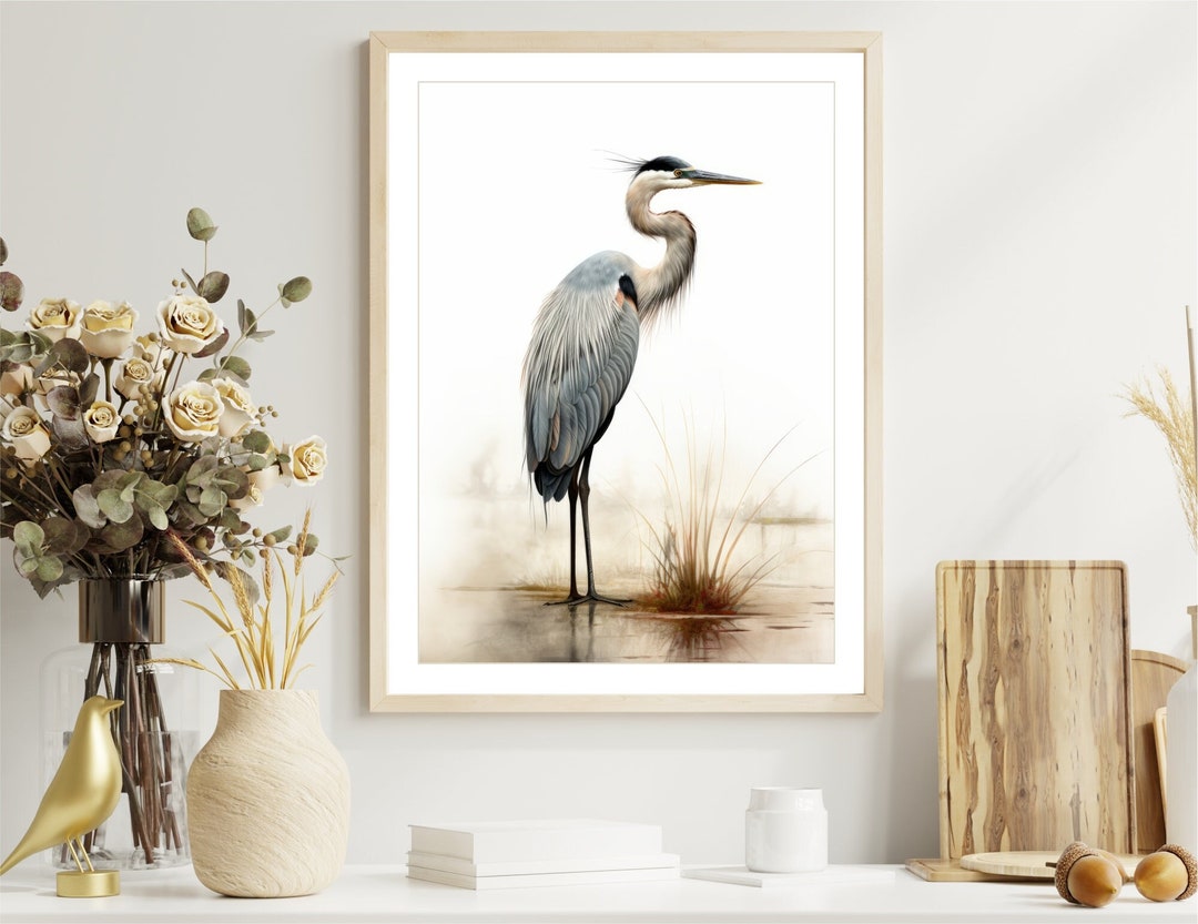 Watercolor Great Blue Heron Print, Minimalist Coastal Room Decor, Extra ...