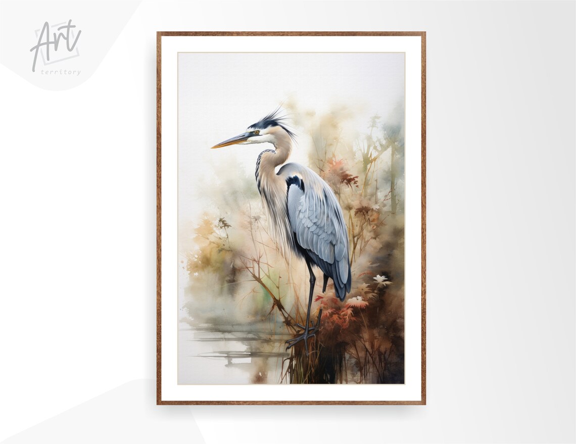 Extra Large Watercolor Bird Picture, Great Blue Heron Print, Minimalist ...