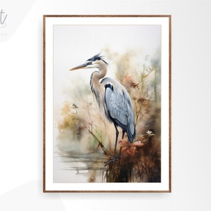 Extra Large Watercolor Bird Picture, Great Blue Heron Print, Minimalist ...