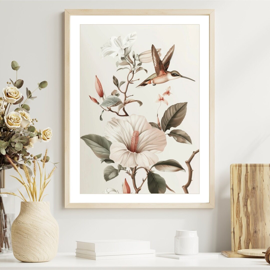 Hummingbird Aesthetic Art Canvas Print, Botanical Vintage Floral Wall ...