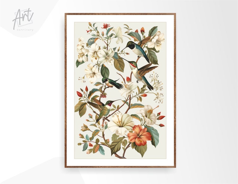 Hummingbird Aesthetic Botanical Art Canvas Print, Vintage Floral Wall ...