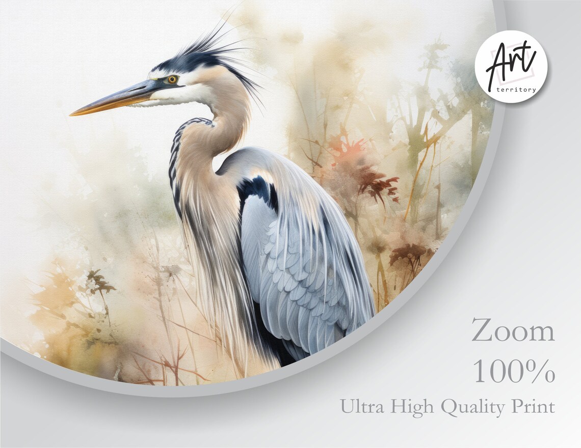 Extra Large Watercolor Bird Picture, Great Blue Heron Print, Minimalist ...
