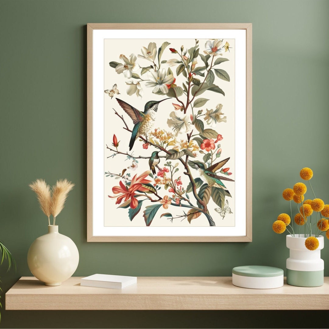 Hummingbird Aesthetic Botanical Art Canvas Print, Vintage Floral Wall ...
