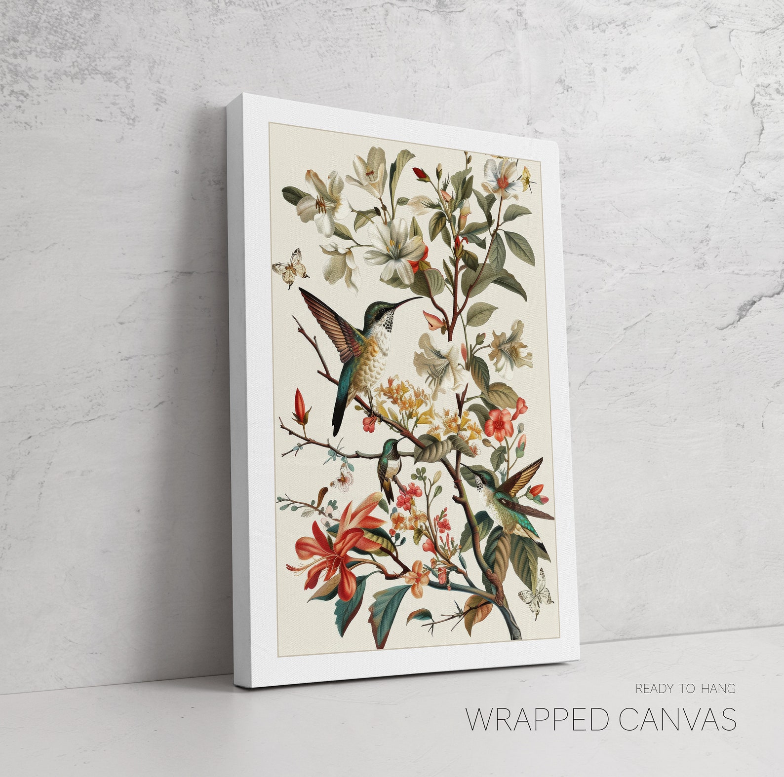 Hummingbird Aesthetic Botanical Art Canvas Print, Vintage Floral Wall ...