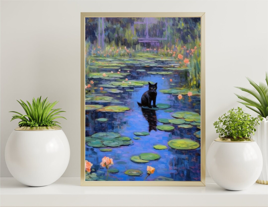 Monet Waterlily Cat Print, Claude Monet Cat Poster, Black Cat Art ...