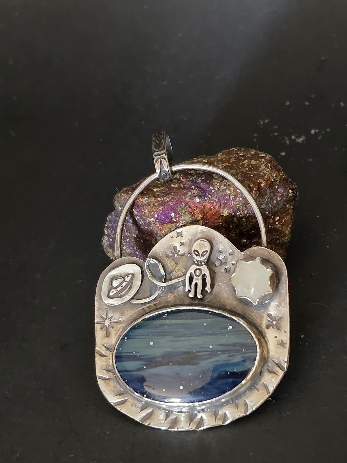 Alien Space Walk Silver Artisan Pendant With Leland Blue and Moonstone ...