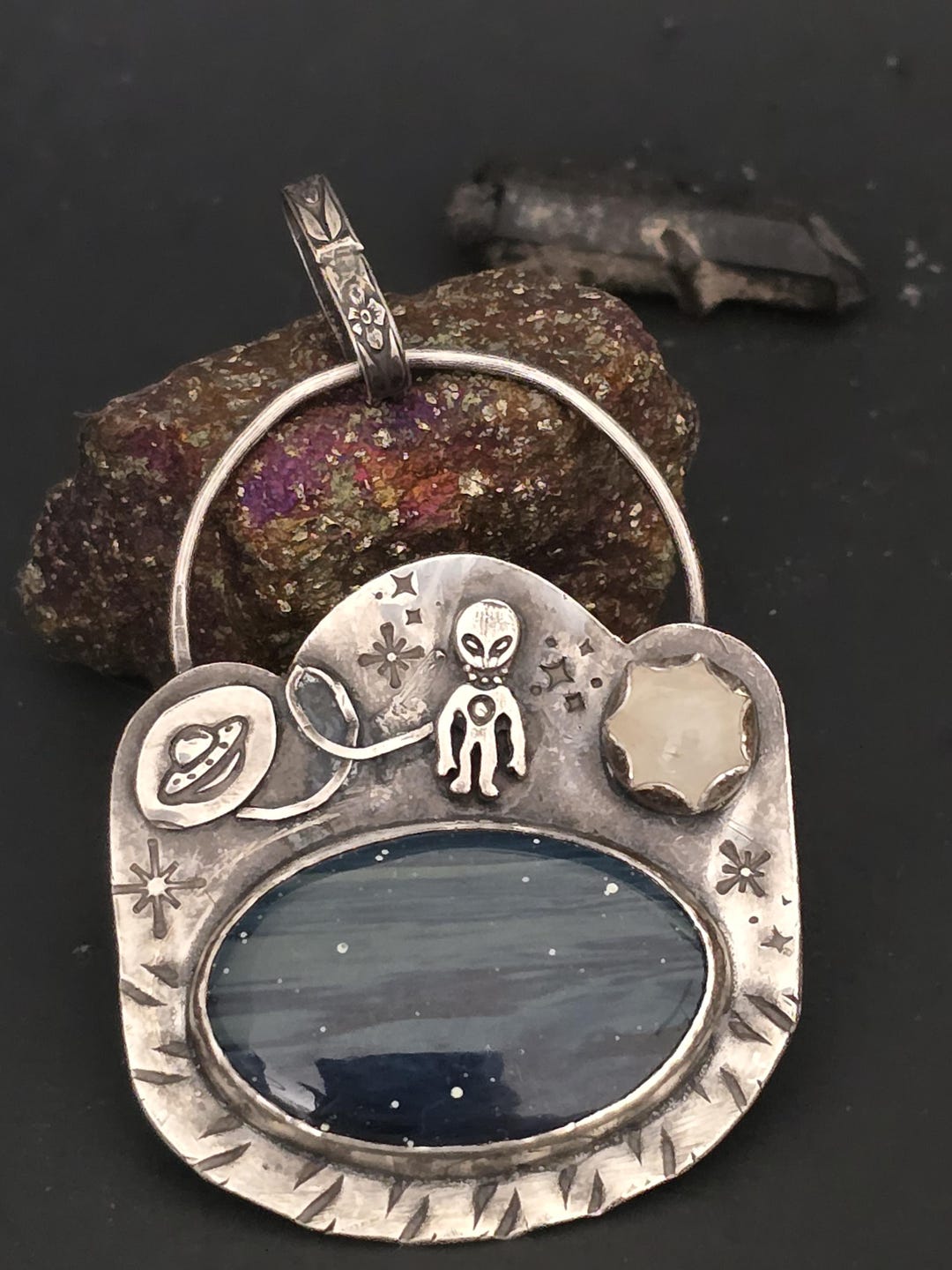 Alien Space Walk Silver Artisan Pendant With Leland Blue and Moonstone ...