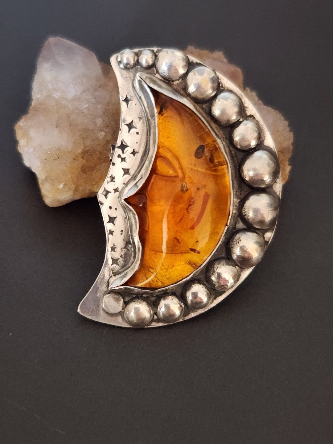 Baltic Amber Moon Brooch Artisan Silver Pin - Etsy