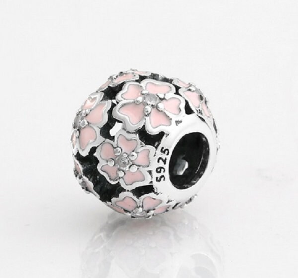 Pink Enamel Flower Zircon Beads Charm 100% 925 Sterling Silver - Etsy