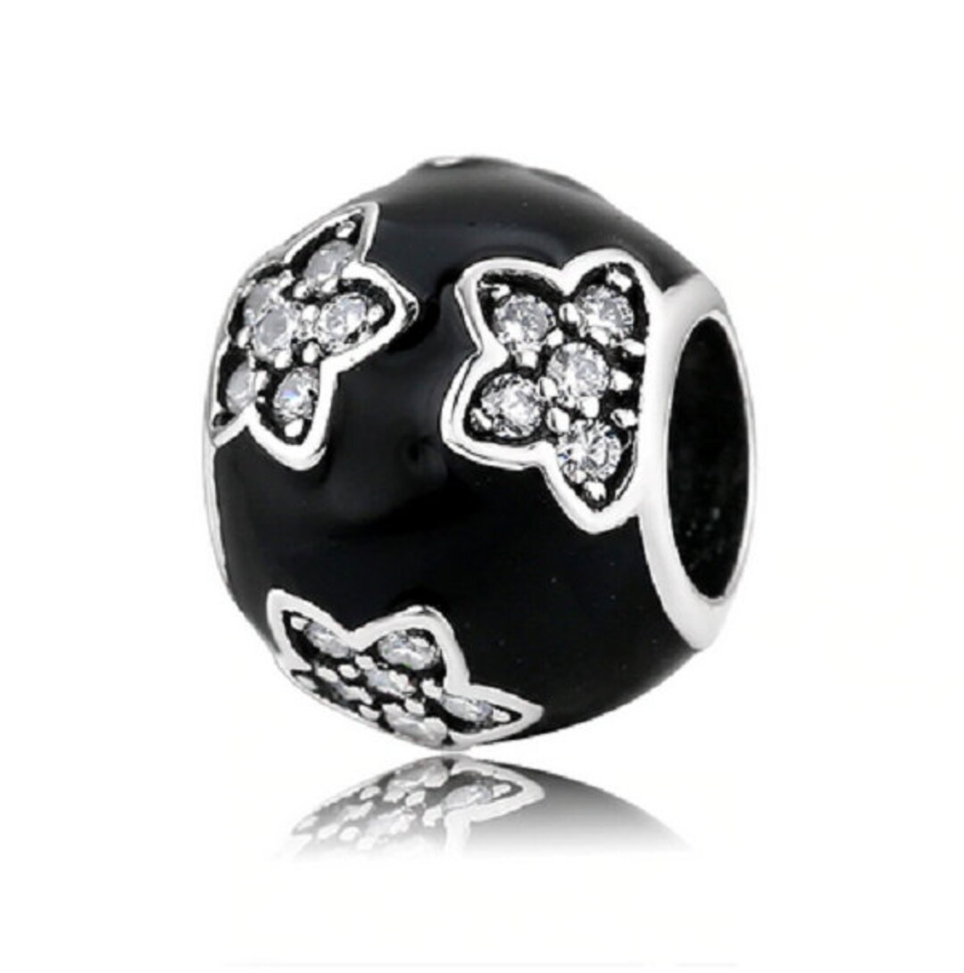 Black Enemal Sparkling CZ Flowers Beads Charm 100% 925 - Etsy