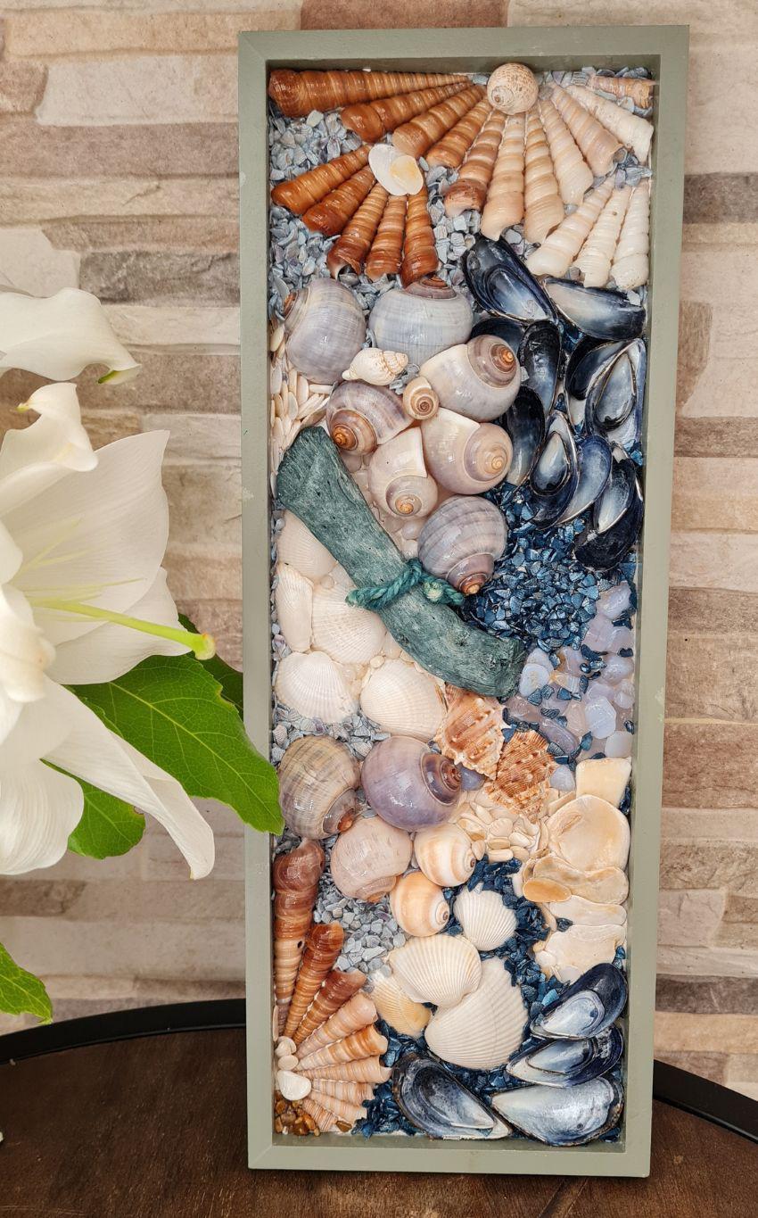 Framed Seashell Collage Wall Art Handmade Coastal Wall Hanging, Grey ...
