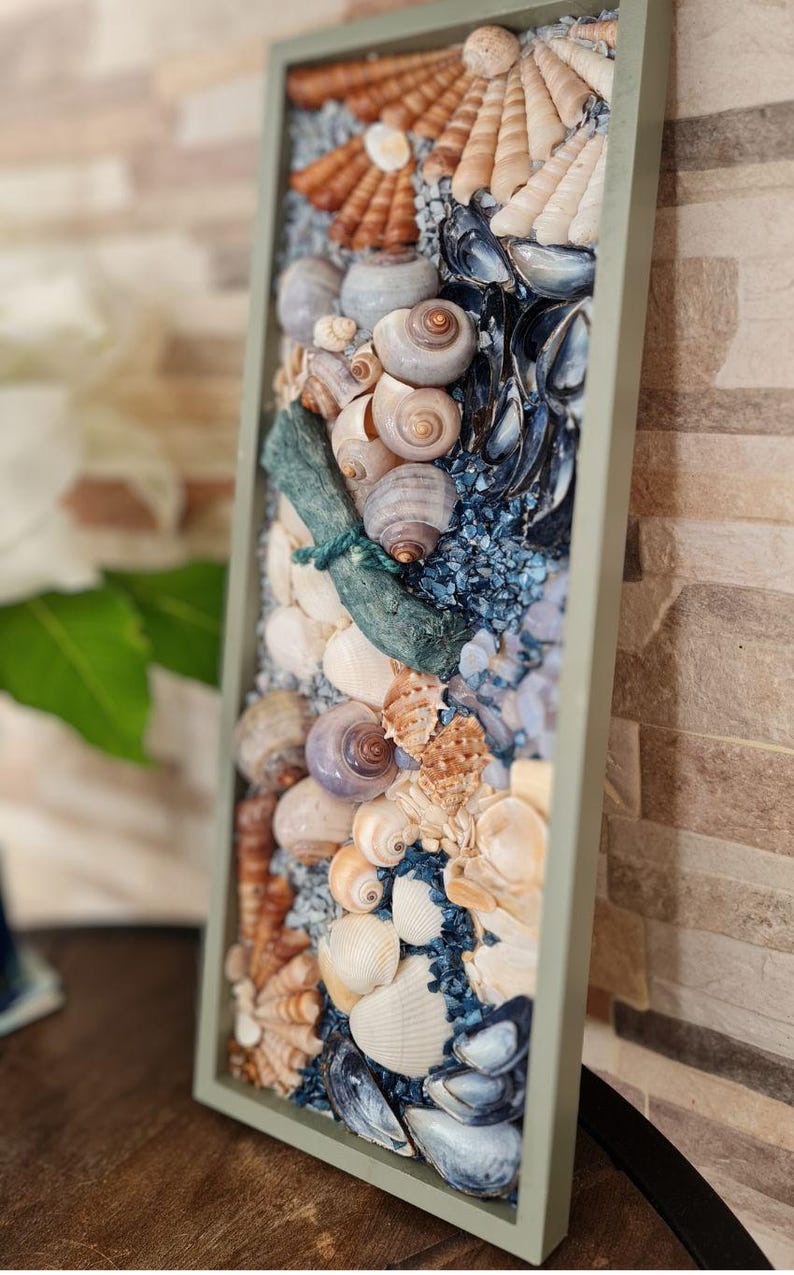 Framed Seashell Collage Wall Art Handmade Coastal Wall Hanging, Grey ...