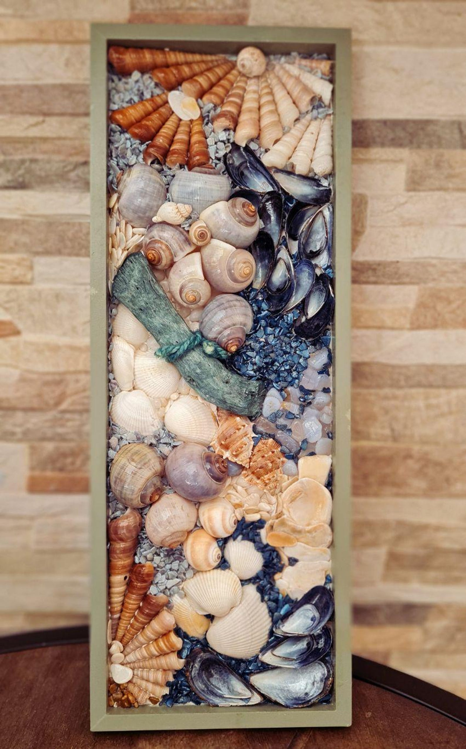 Framed Seashell Collage Wall Art Handmade Coastal Wall Hanging, Grey ...