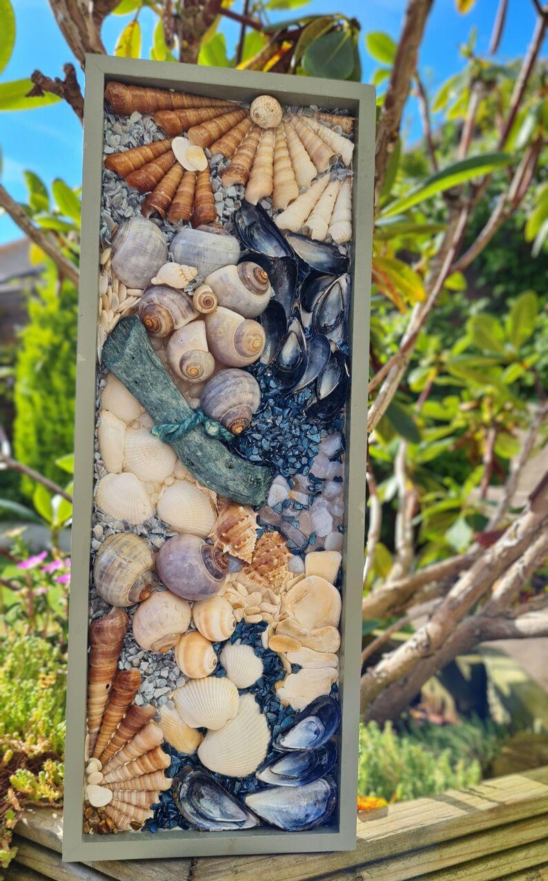 Framed Seashell Collage Wall Art Handmade Coastal Wall Hanging, Grey ...
