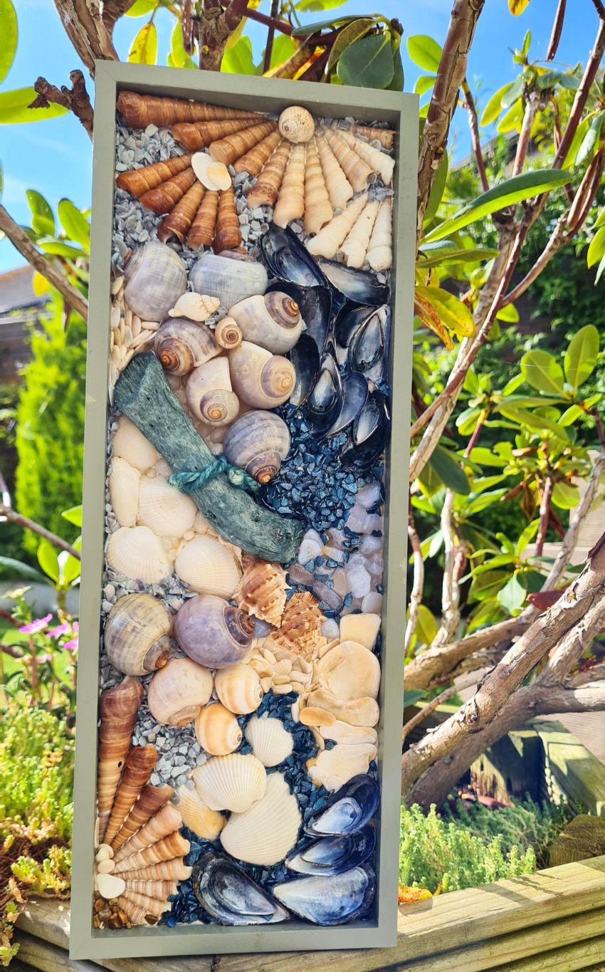 Framed Seashell Collage Wall Art Handmade Coastal Wall Hanging, Grey ...