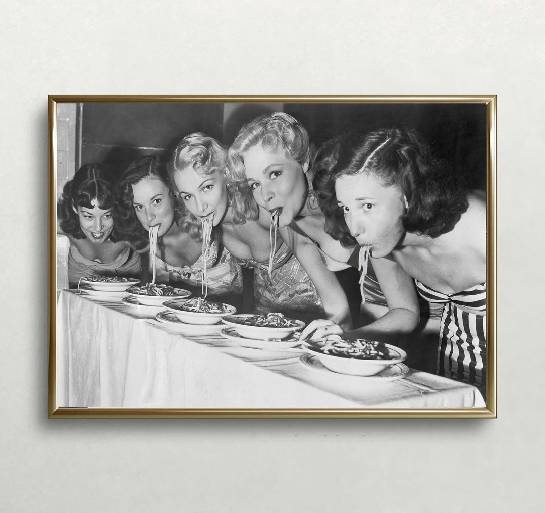 Vintage Women Eating Pasta Poster | Retro Wall Art | Digital Download ...