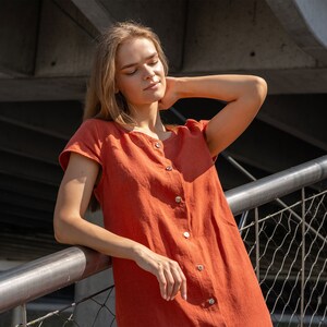 Button Front Linen Dress With Cap Sleeves Summer Button Down Dress ...