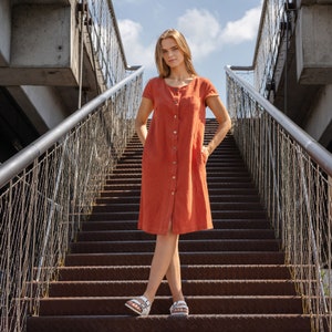 Button Front Linen Dress With Cap Sleeves Summer Button Down Dress ...